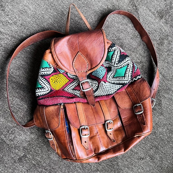 Bags | Handmade Leather Crochet Boho Style Backpack | Poshmark